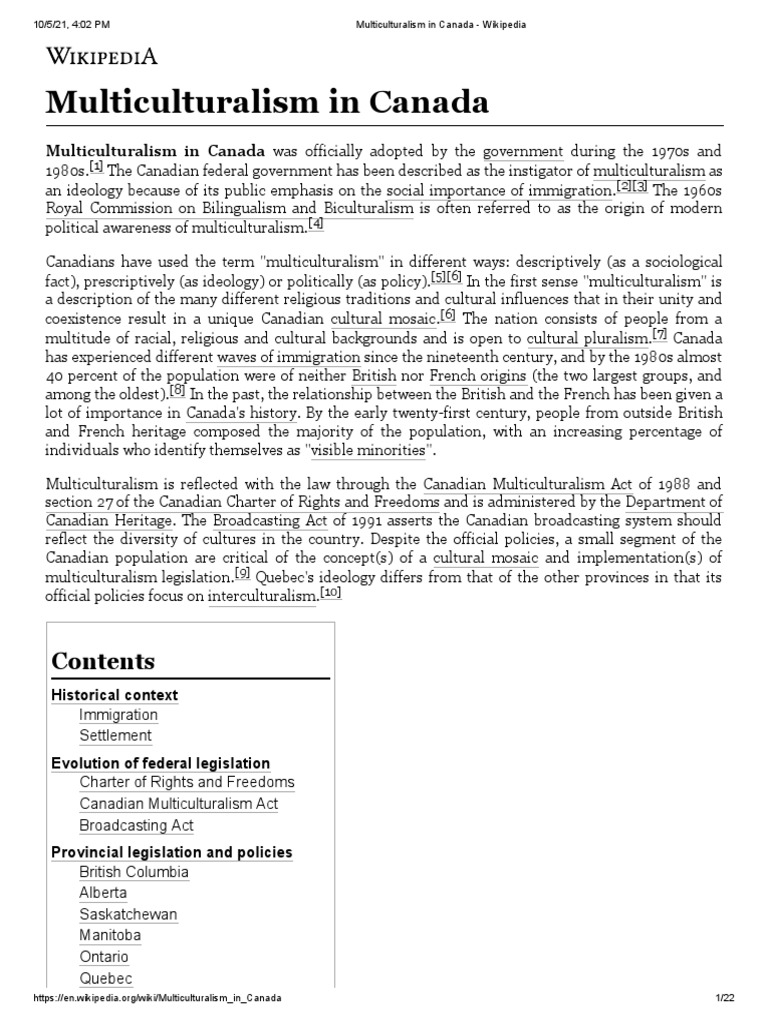 Multiculturalism In Canada Wikipedia Pdf Multiculturalism Canada