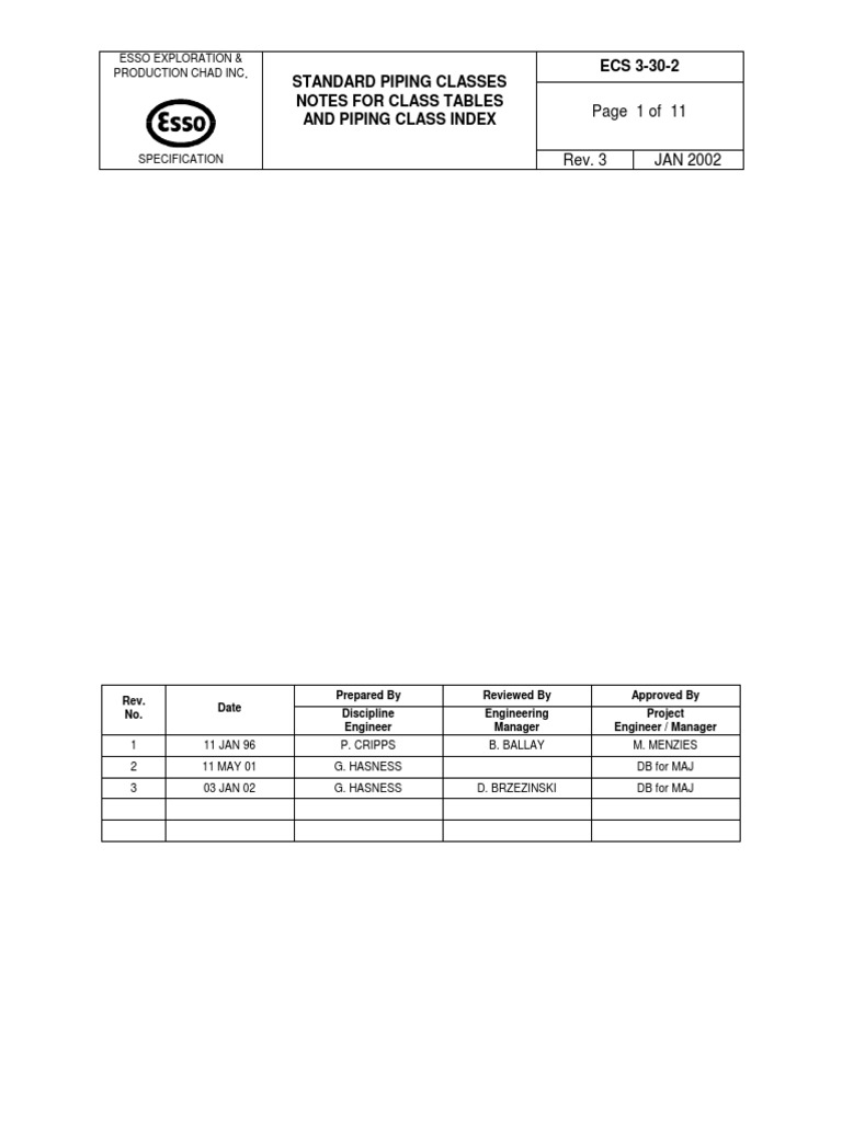 Piping Specification for Oil and Gas Projects in Chad: Notes and Piping ...