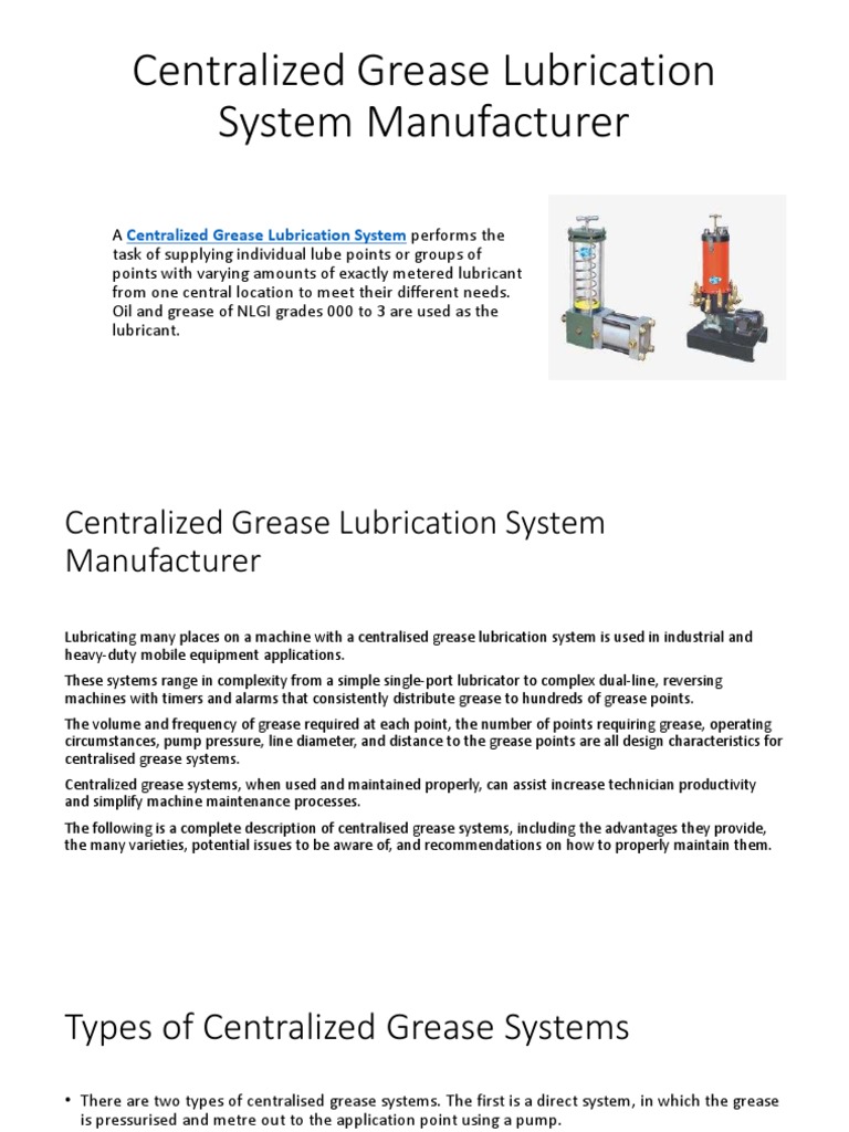 Centralized Grease Lubrication System Manufacturer | PDF | Lubricant | Pump