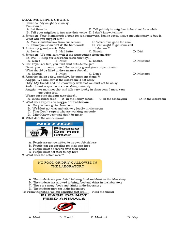 SOAL MULTIPLE CHOICE (Suggestion, Obligation & Prohibition | PDF