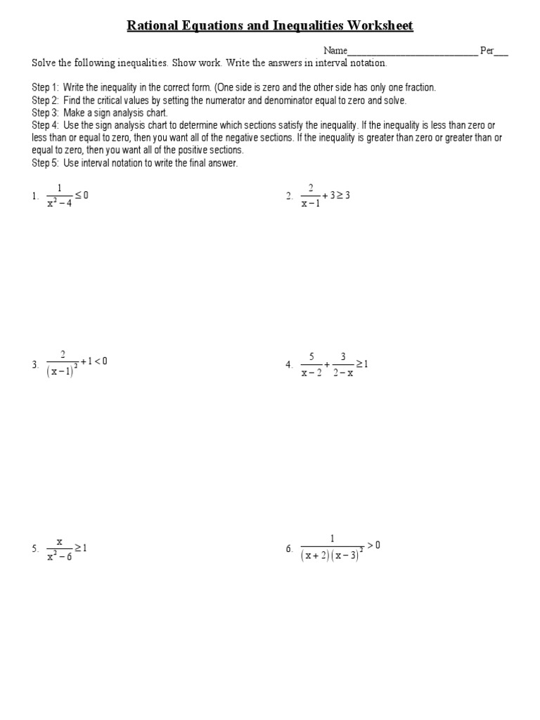 Rational Equations and Inequalities Worksheet: Name - Per | PDF