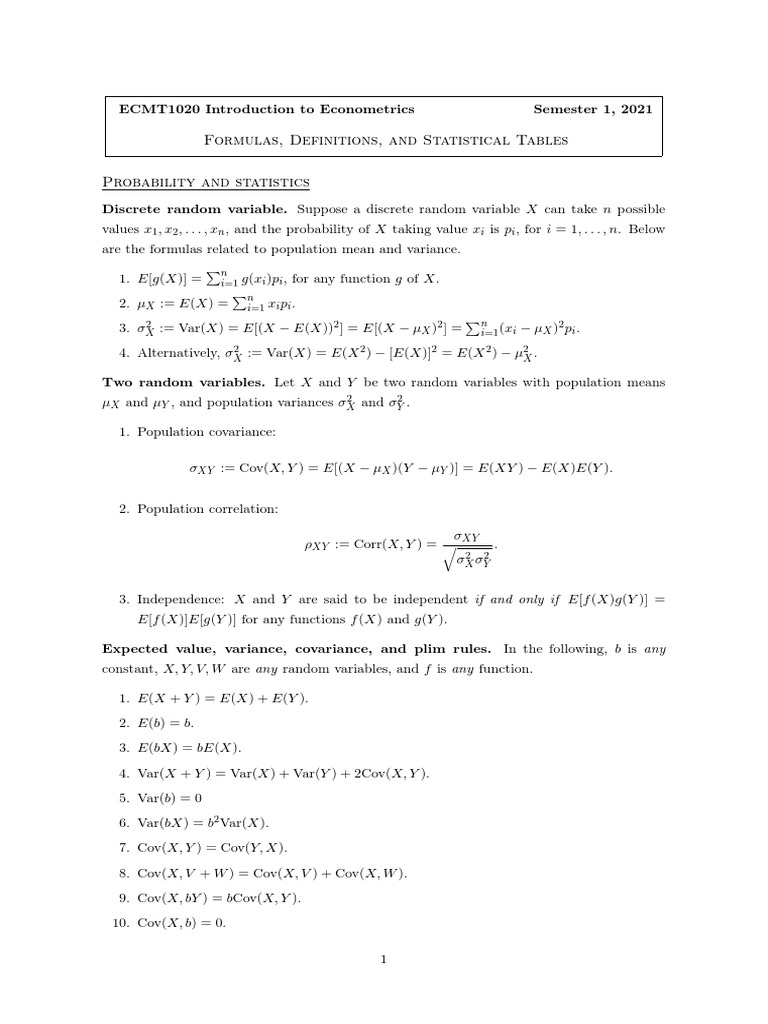 ECMT1020 Formulas 2021 | PDF | Regression Analysis | Ordinary Least Squares