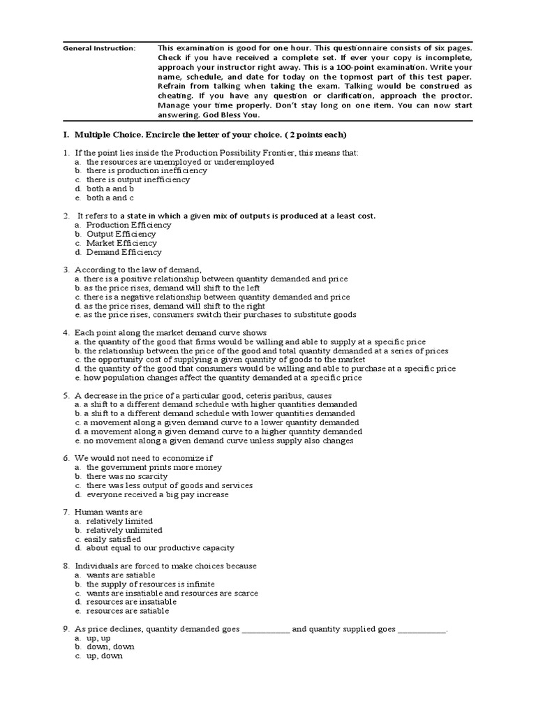 Economics Exam Instructions | PDF | Demand | Demand Curve
