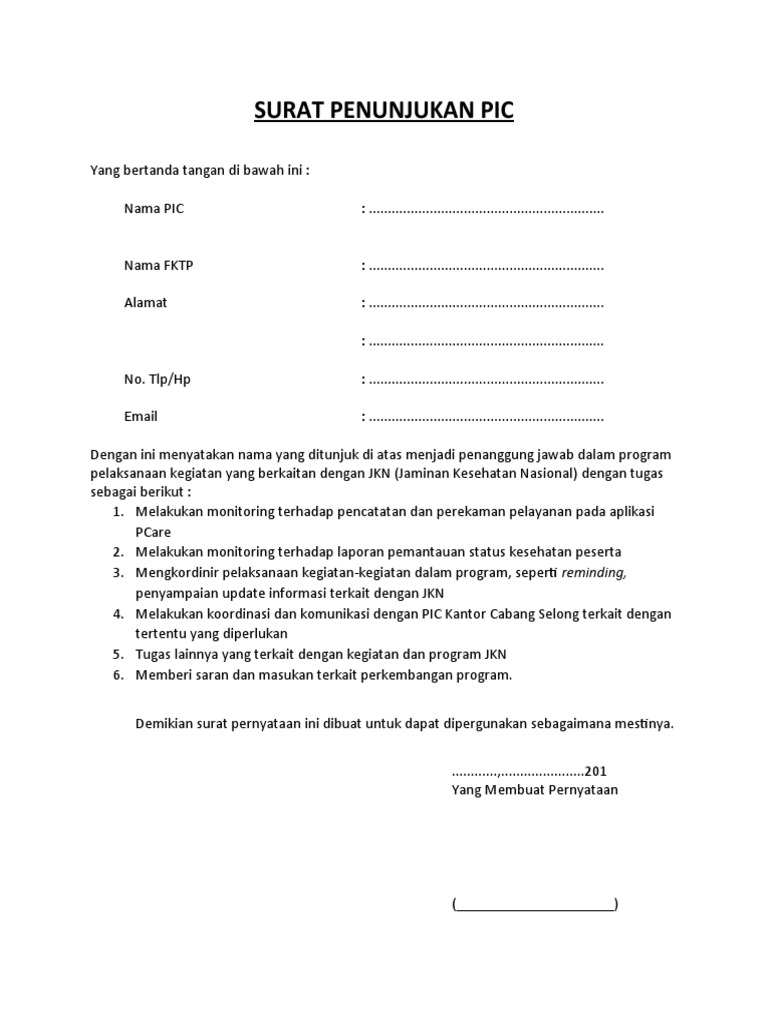 Surat Penunjukan PIC JKN | PDF