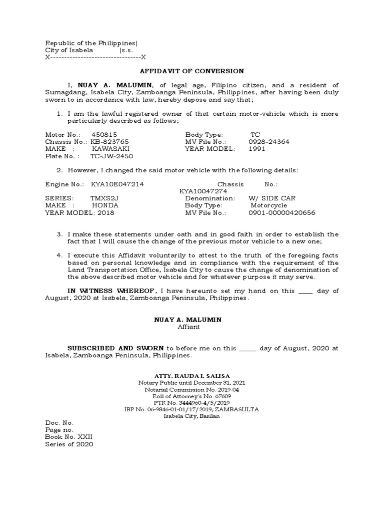 Affidavit of Conversion | PDF | Affidavit | Motor Vehicle