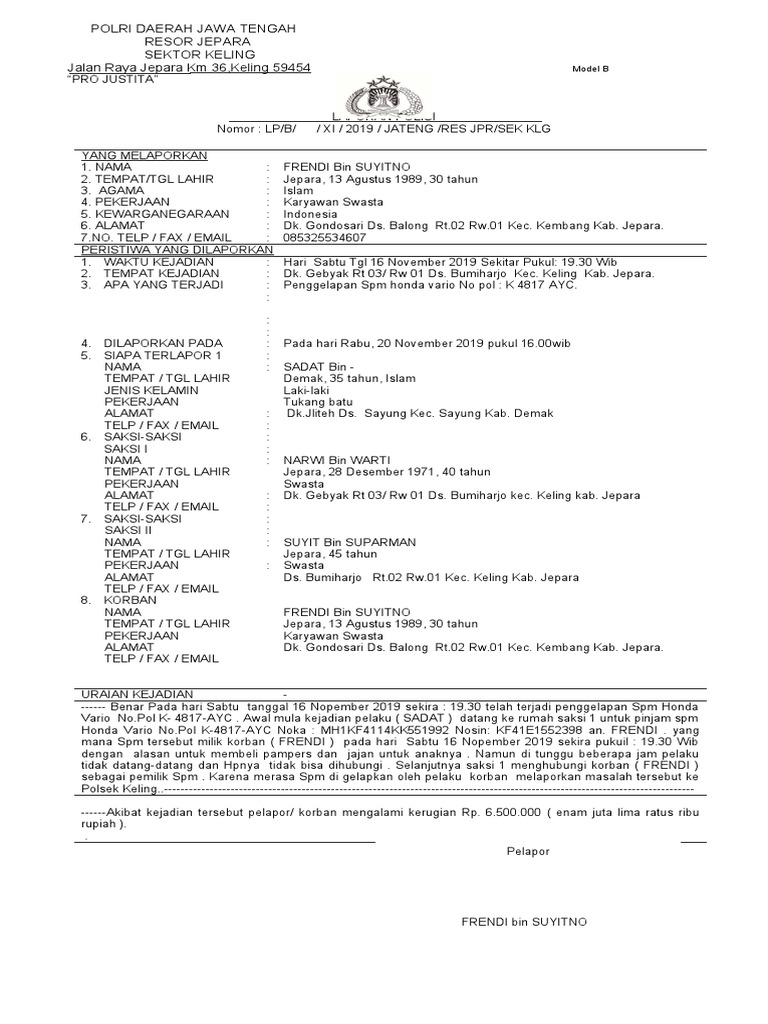 Laporan Polisi Model B Dan STTLP | PDF