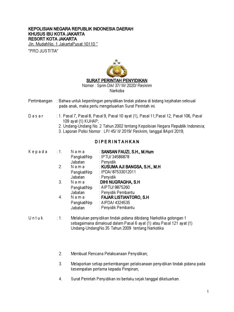 SURAT PERINTAH PENYIDIKAN (Eknanditya R.R - 1700024012) Kelas A | PDF
