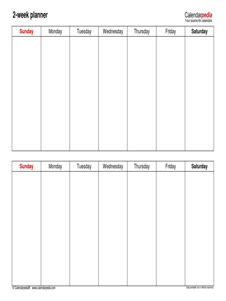 A Basic 2-Week Calendar Planner Leaving Room for Scheduling Daily ...
