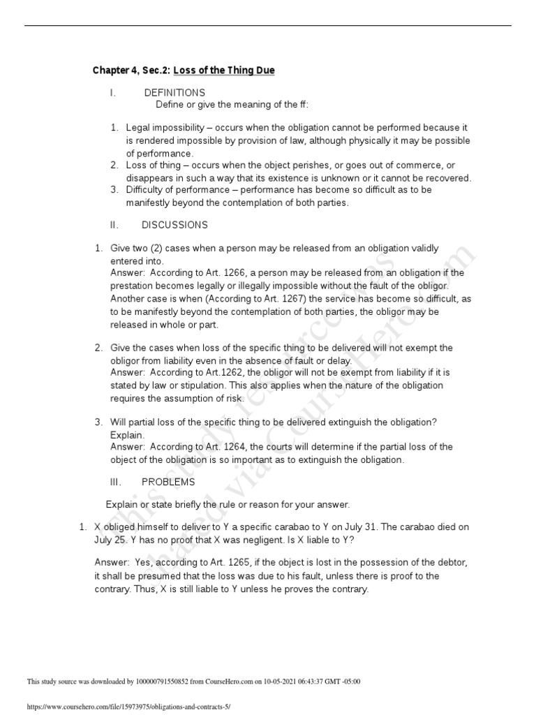 This Study Resource Was: Chapter 4, Sec.2: Loss of The Thing Due | PDF | Legal Liability ...