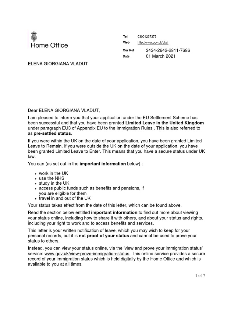 Pre-Settled Status Confirmation Letter | PDF | European Economic Area ...