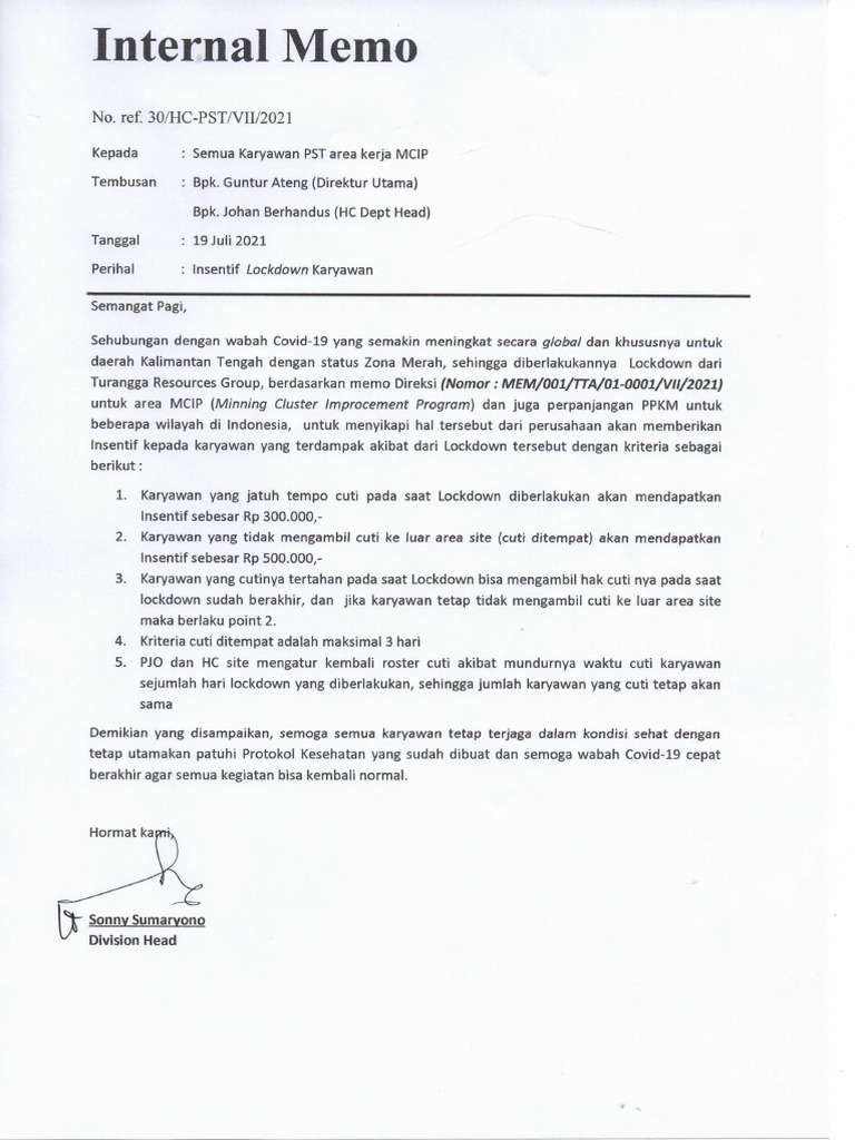 Internal Memo Insentif Lockdown Karyawan | PDF