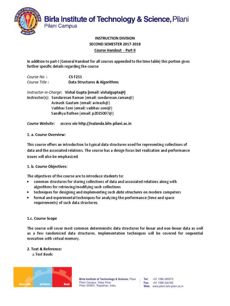 Instruction Division SECOND SEMESTER 2017-2018 Course Handout - Part II | PDF | Computer Science ...
