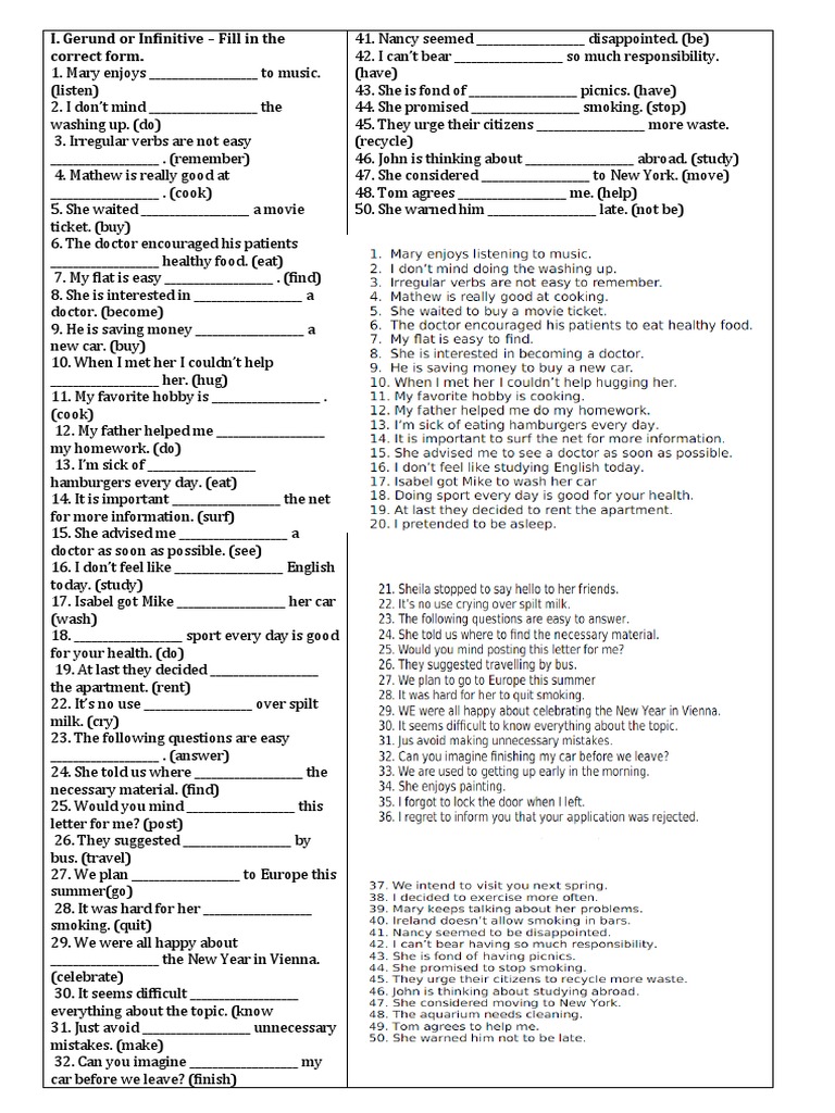 Infinitive Exercises for Class 8 | PDF