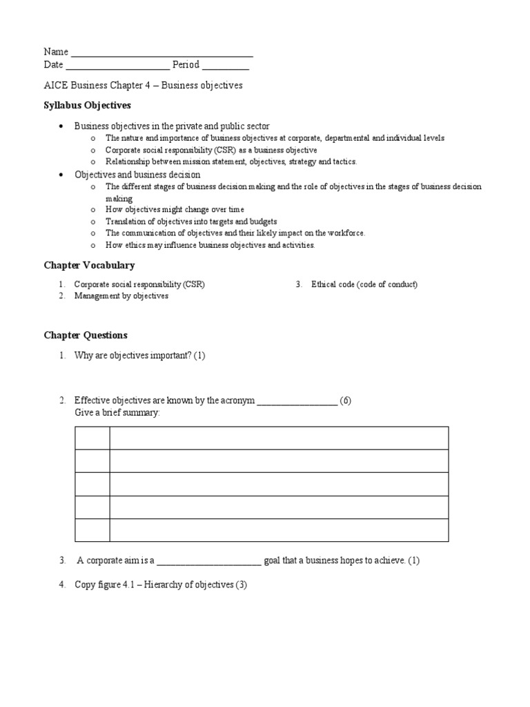 Chapter 4 Packet - Business Objectives | PDF | Corporate Social ...