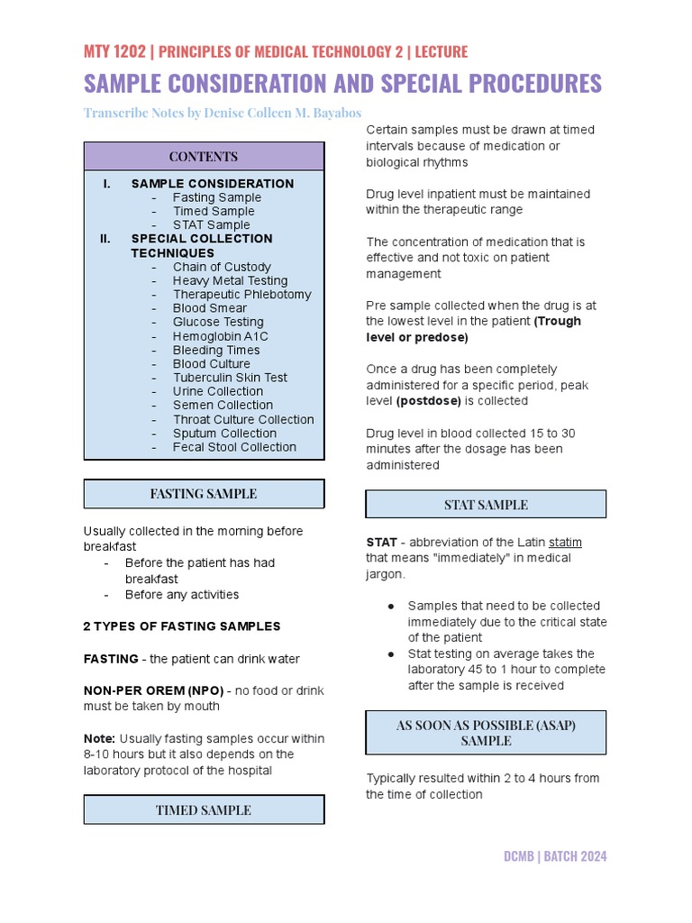 Sample Consideration and Special Procedures: Principles of Medical ...