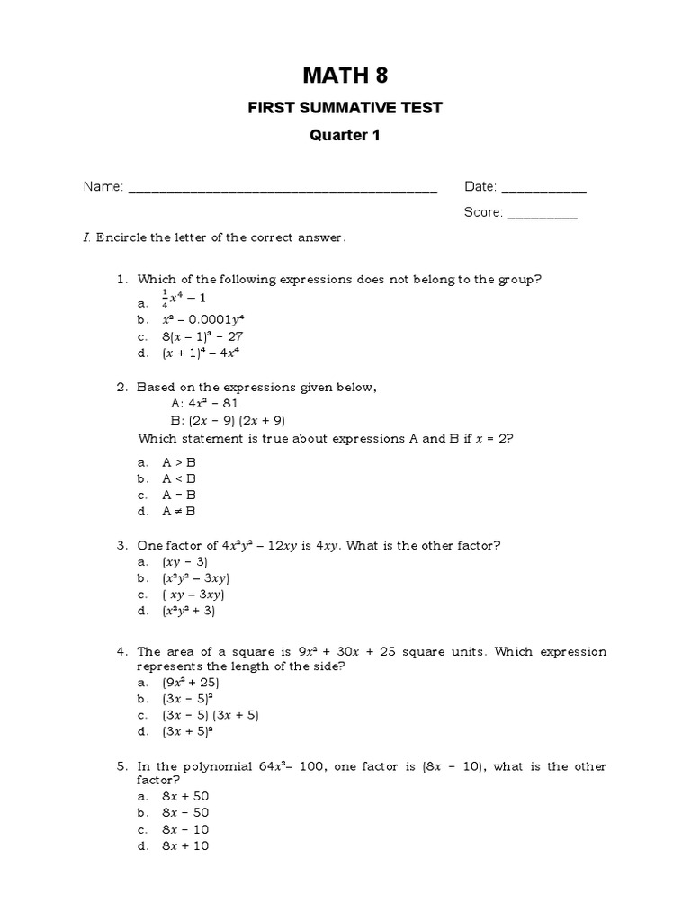 Math 8: First Summative Test Quarter 1 | PDF | Abstract Algebra | Numbers