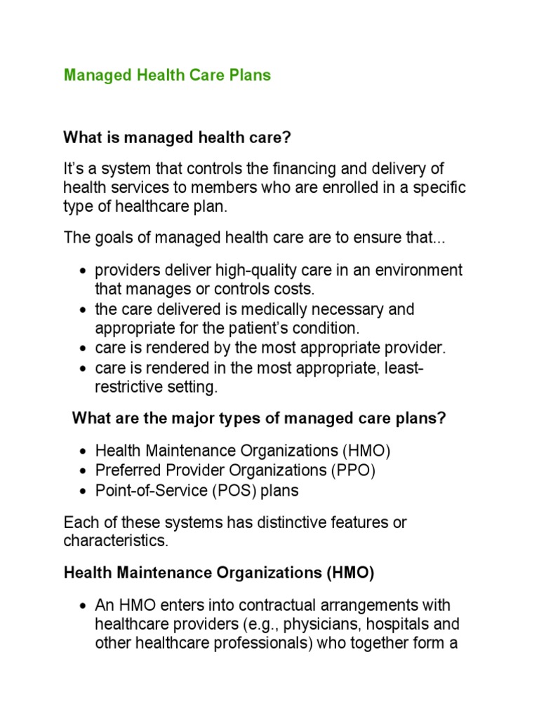 Managed Health Care Plans | PDF | Health Maintenance Organization ...