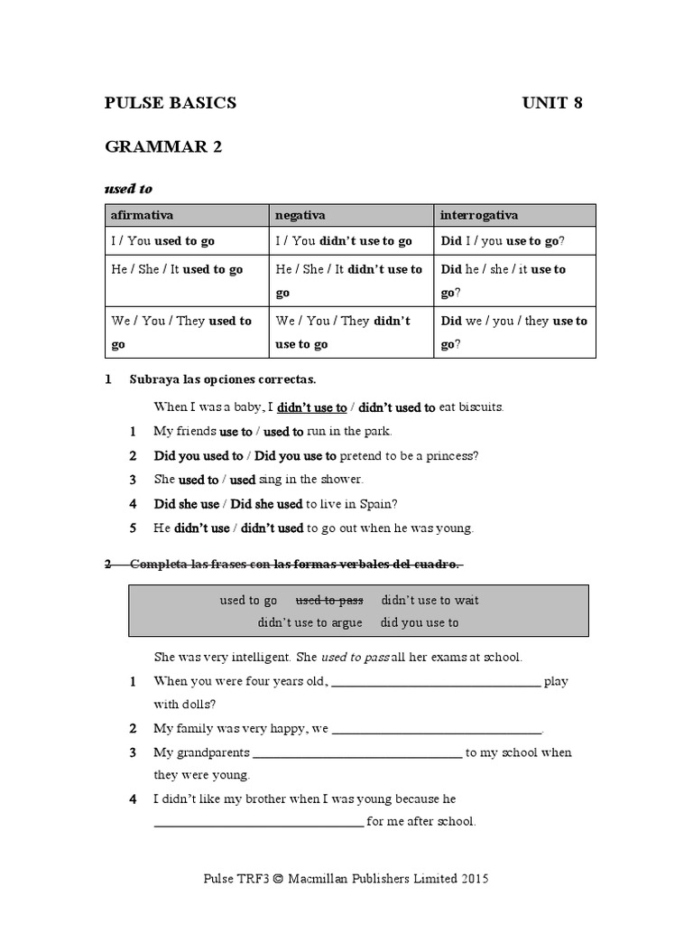 Pulse Basics Unit 8 Grammar 2: Used To | PDF
