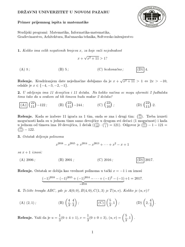Primer Prijemnog Ispita Iz Matematike | PDF