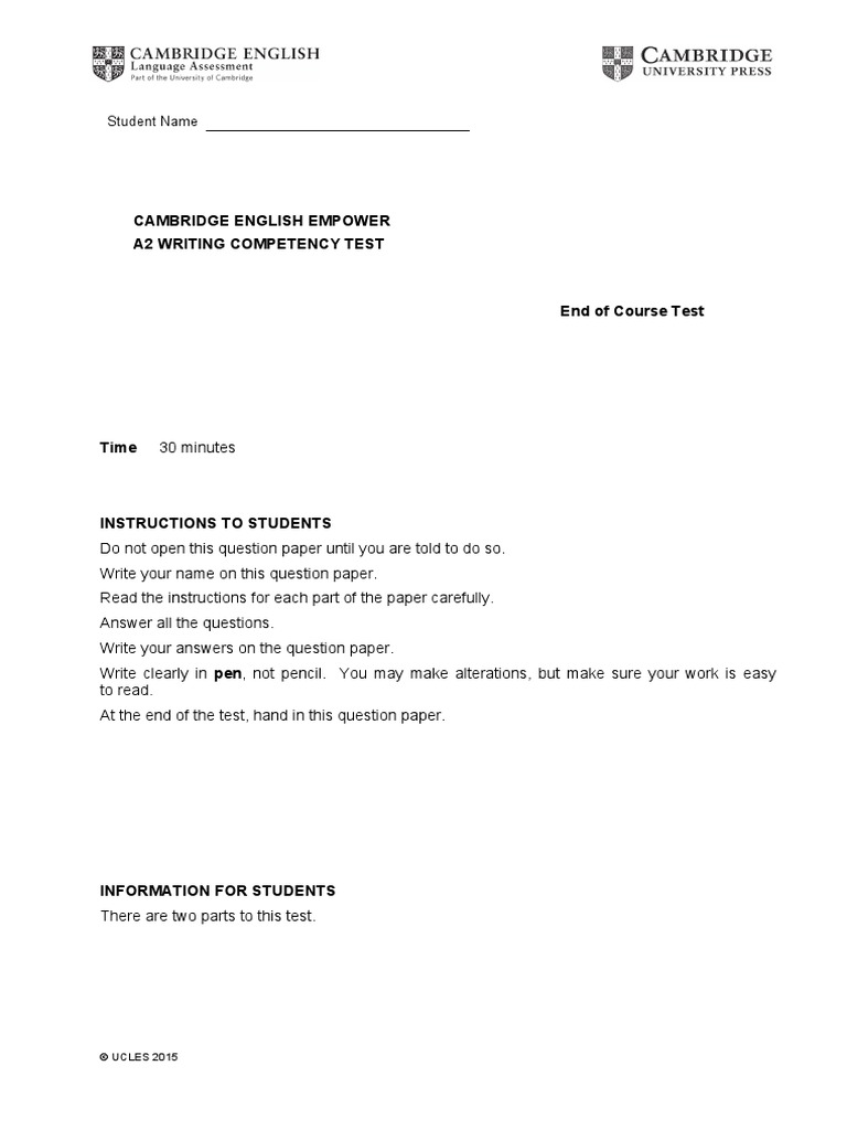 A2 Writing Competency Test | PDF