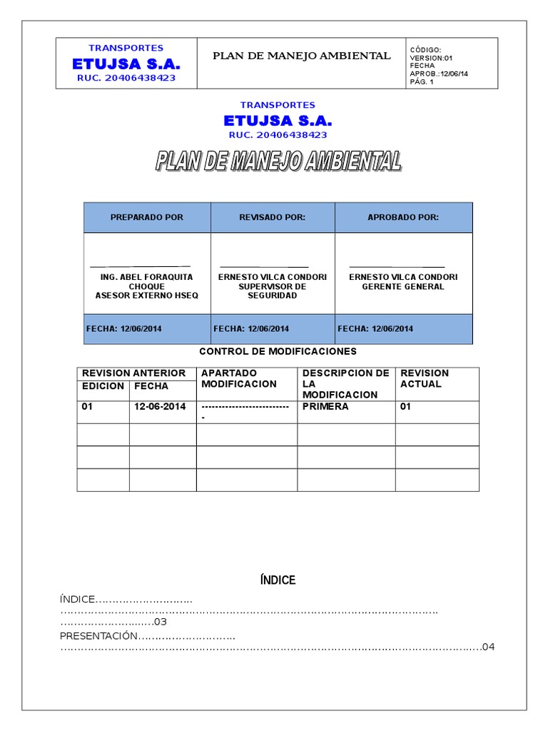 Plan de Manejo Ambiental Transportes Etujsa S A | PDF | Residuos ...