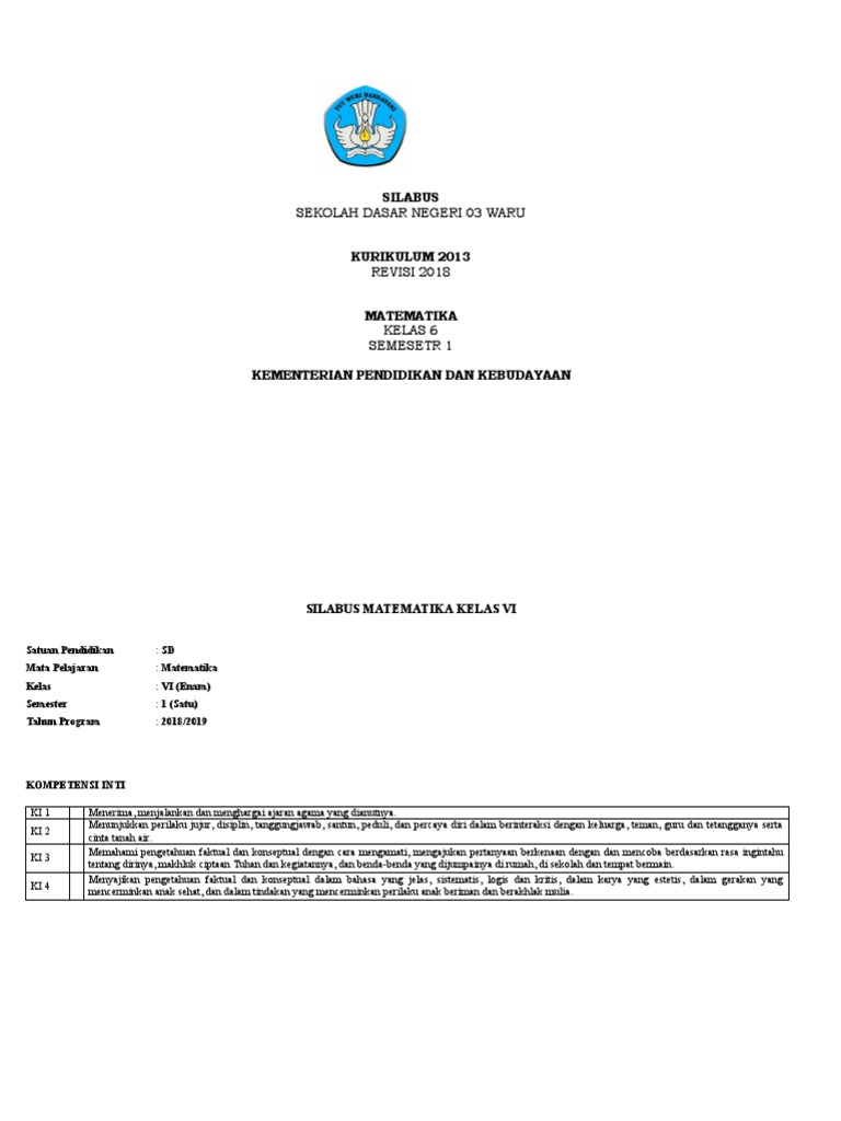Silabus Matematika Kelas 6 Semester 1 | PDF