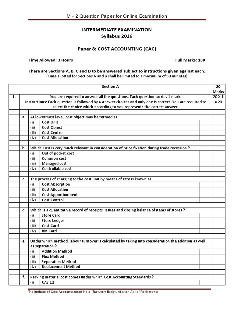 CMA Intermediate Cost Accounting Exam Paper | PDF | Inventory ...