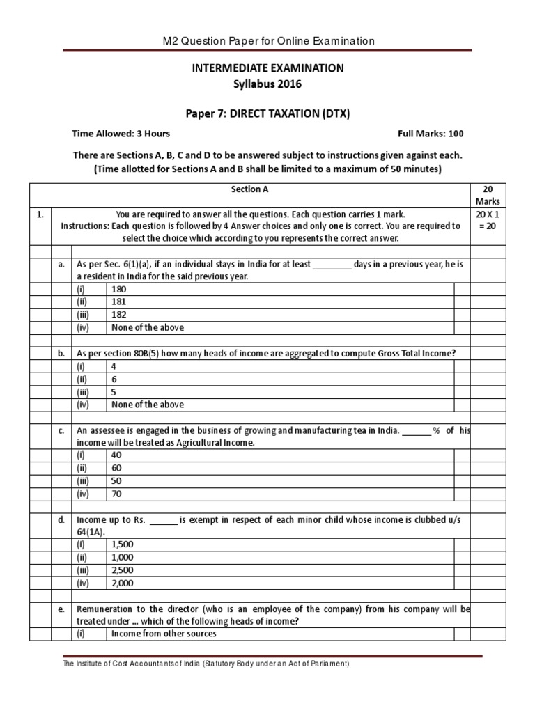 CMA Inter Direct Taxation Model Paper | PDF | Alternative Minimum Tax ...