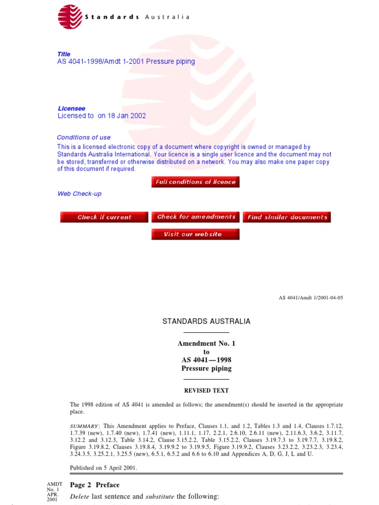 As 4041-1998 Amdt 1-2001 Pressure Piping | PDF | Pipe (Fluid Conveyance ...