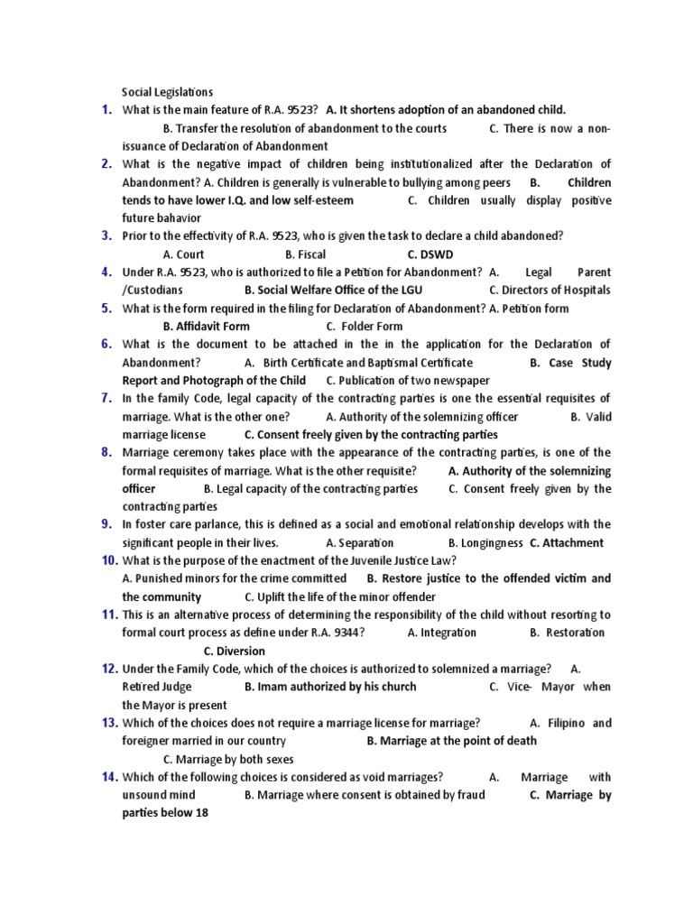 Social Legislation Questionnaire With Answers | PDF | Marriage | Human ...