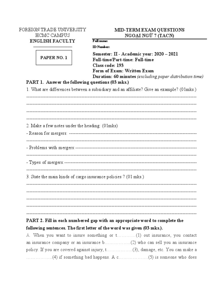English Exam for Trade Students | PDF | Test (Assessment) | Insurance