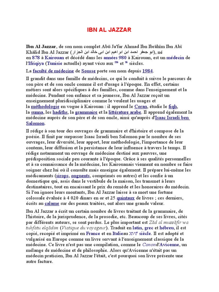 Ibn Al Jazzar : Médecin et Auteur Influant | PDF | Médecine