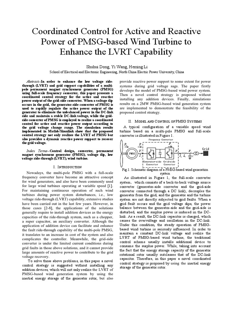 Coordinated Control For Active and Reactive Power of PMSG-based Wind Turbine To Enhance The LVRT ...