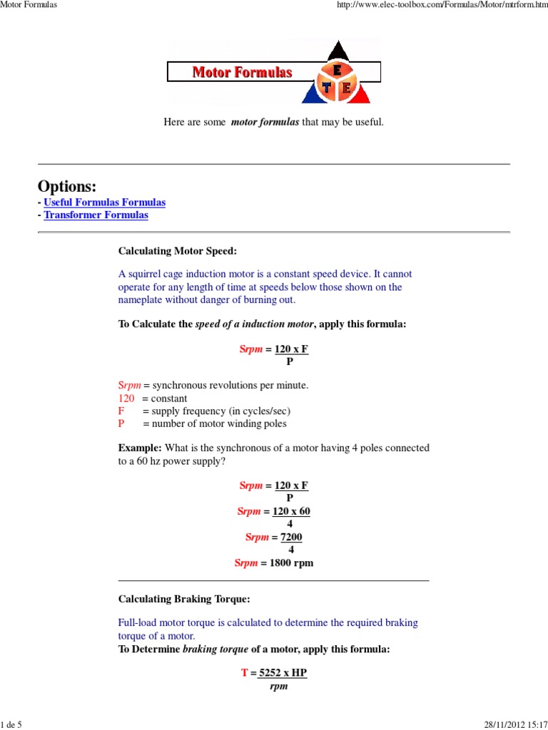Motor Formulas | PDF | Torque | Electric Motor