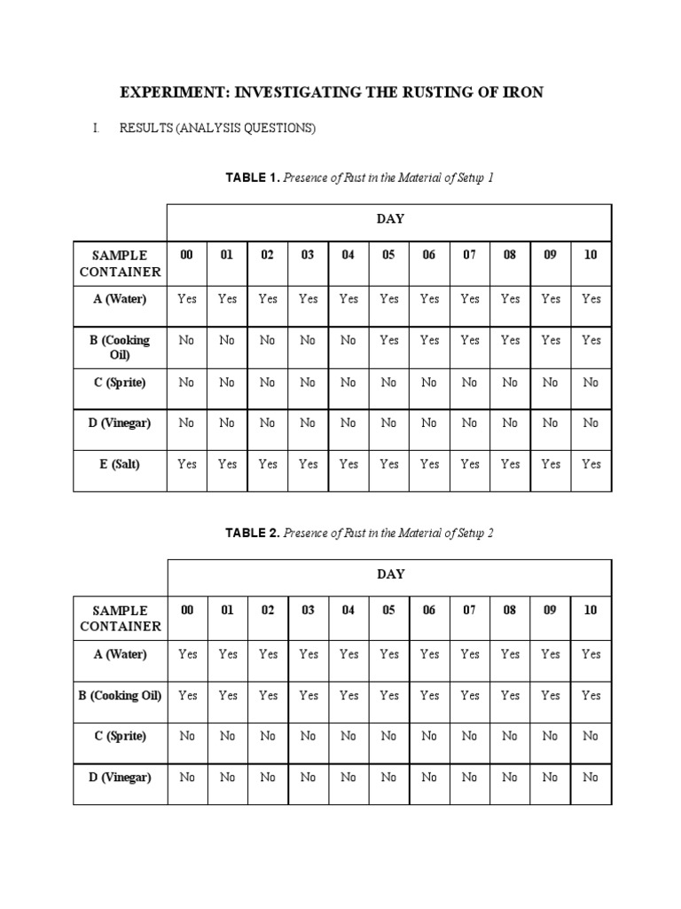 Experiment: Investigating The Rusting of Iron: DAY Sample Container ...