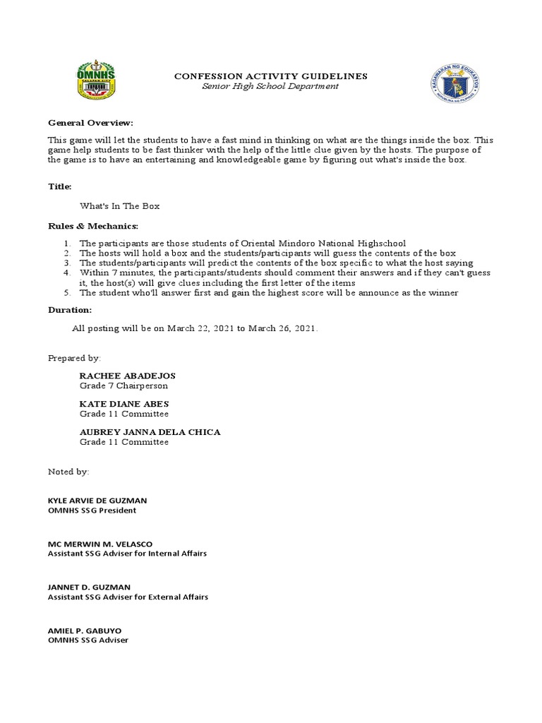 What's in the Box: Guidelines for a Classroom Confession Activity | PDF