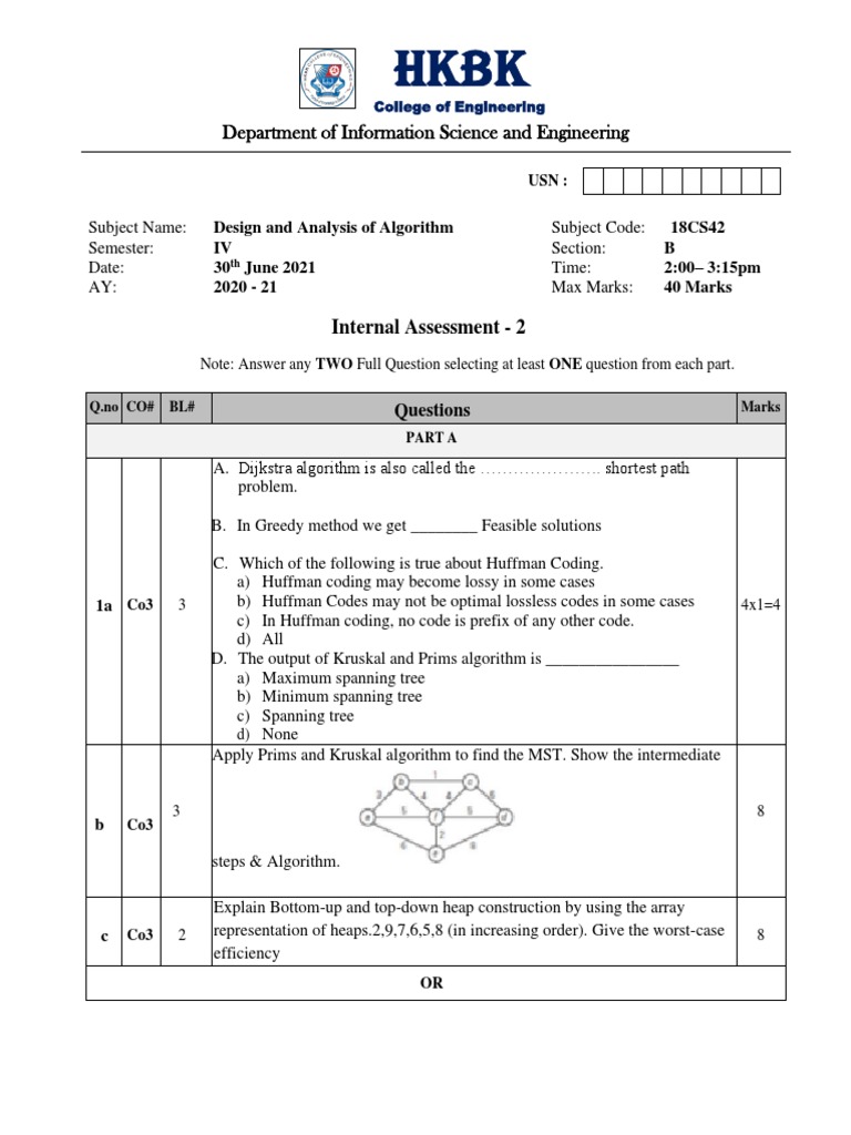 IA2 DAA Question Paper Updated | PDF | Dynamic Programming | Mathematics