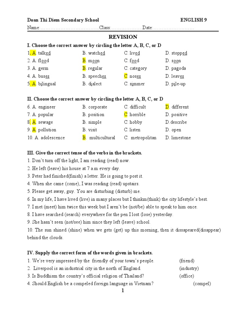 English Language Practice Test: Revision | PDF | Linguistics