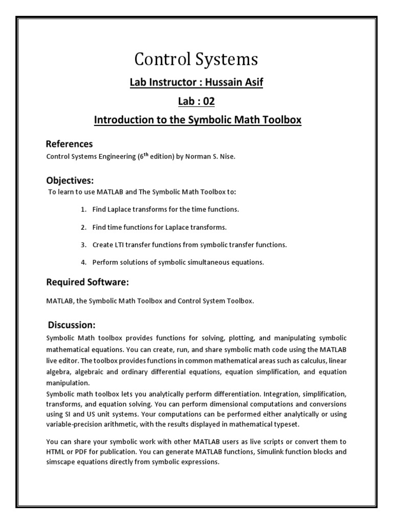 Introduction To The Symbolic Math Toolbox | PDF