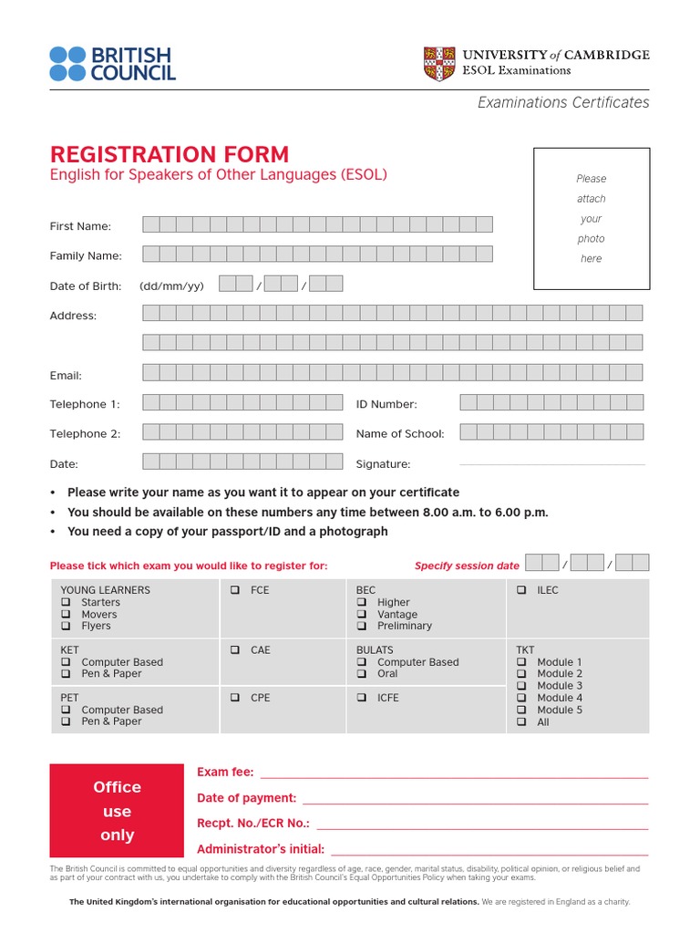 Registration Form: English For Speakers of Other Languages (ESOL) | PDF