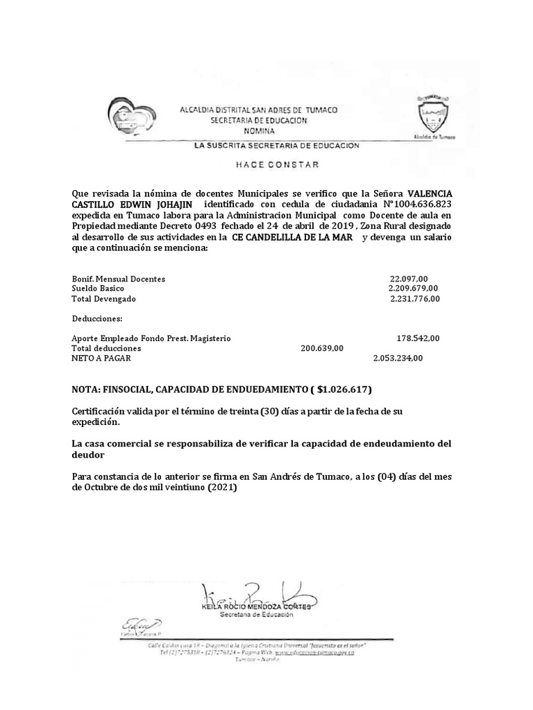 CERTIFICADO SALARIAL - Luz Huila | PDF