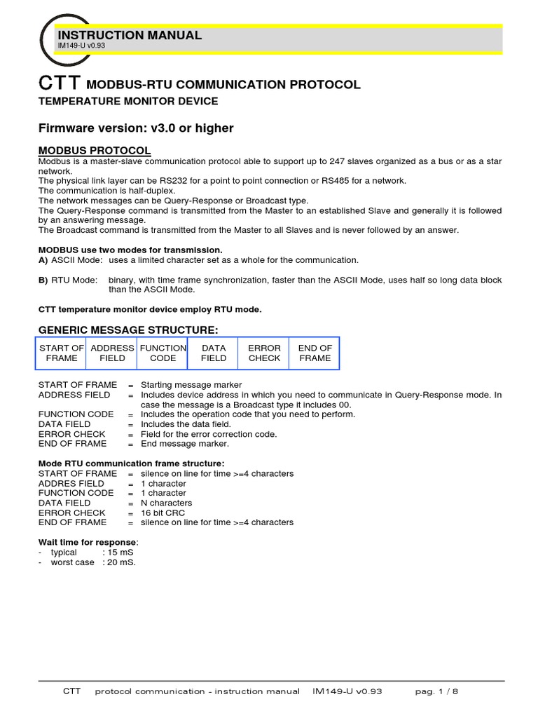 Communication Protocol Modbus-RTU CTT IM149-U v0.93 | PDF | Computer Engineering | Computing
