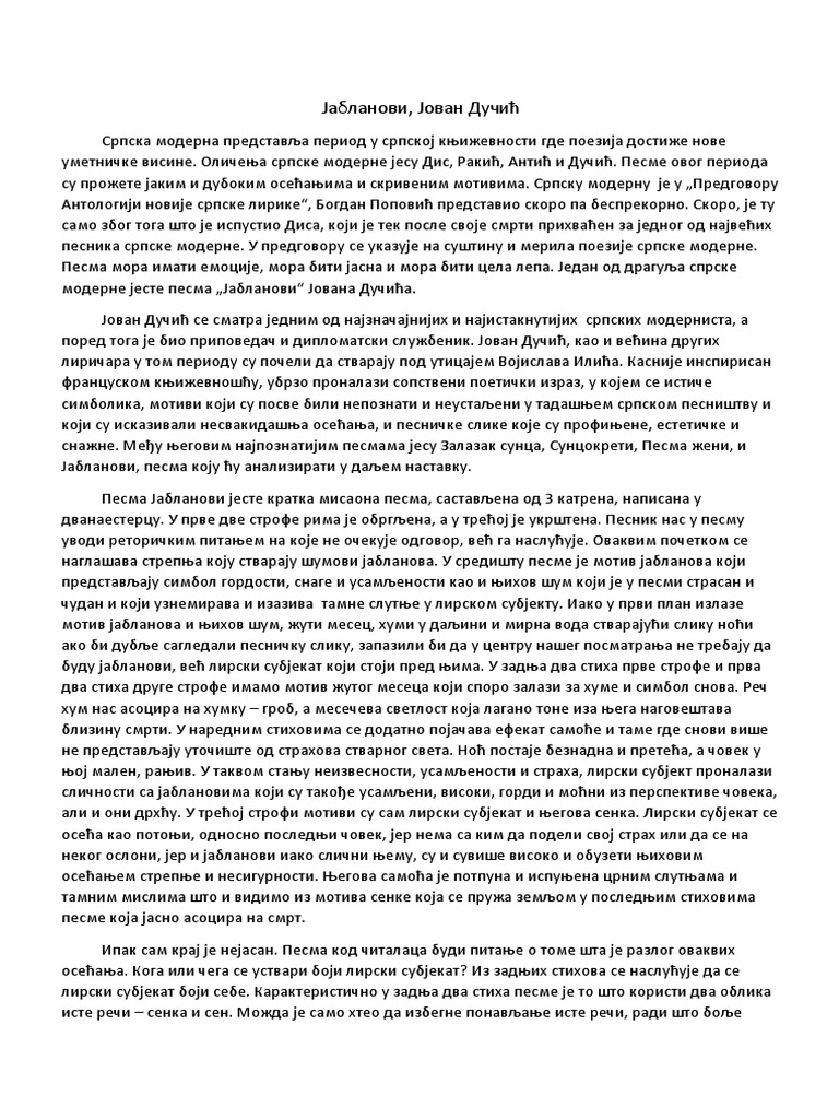 Јабланови-Joван Дучић,анализа | PDF