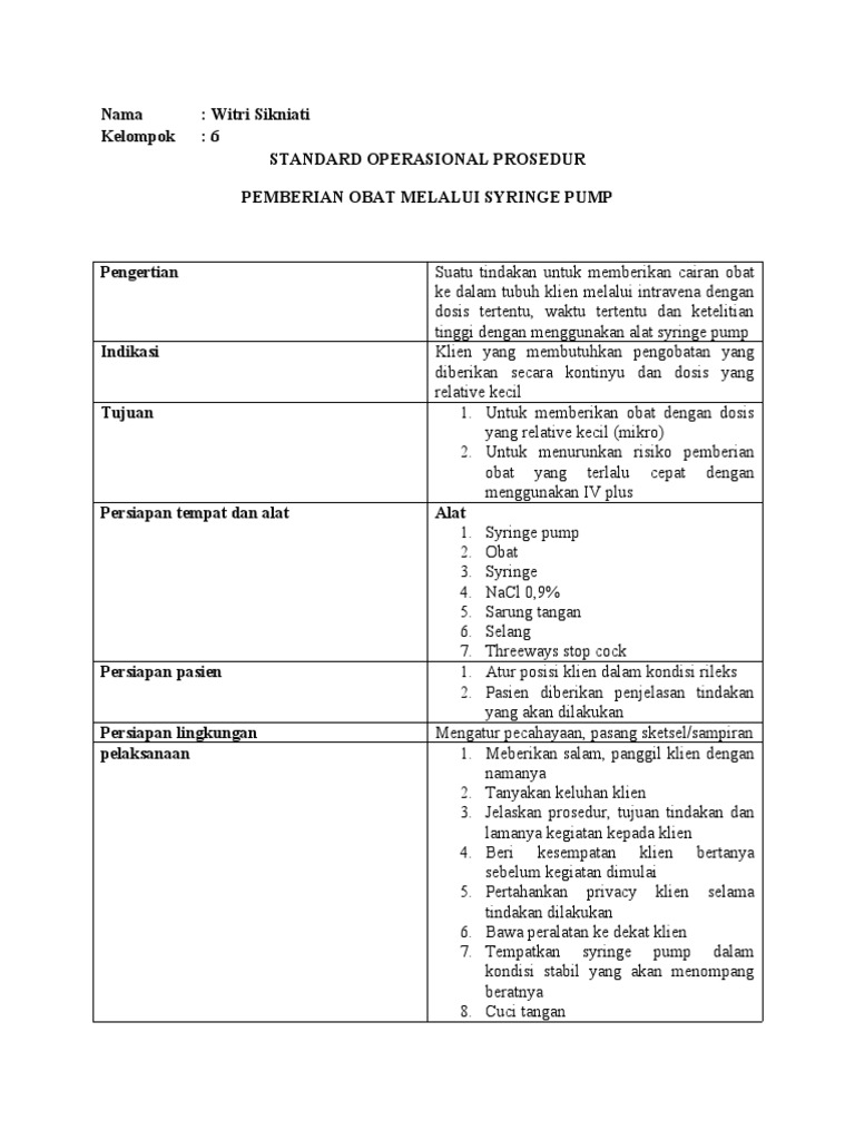 SOP Pemberian Obat Melalui Syringe Pump | PDF