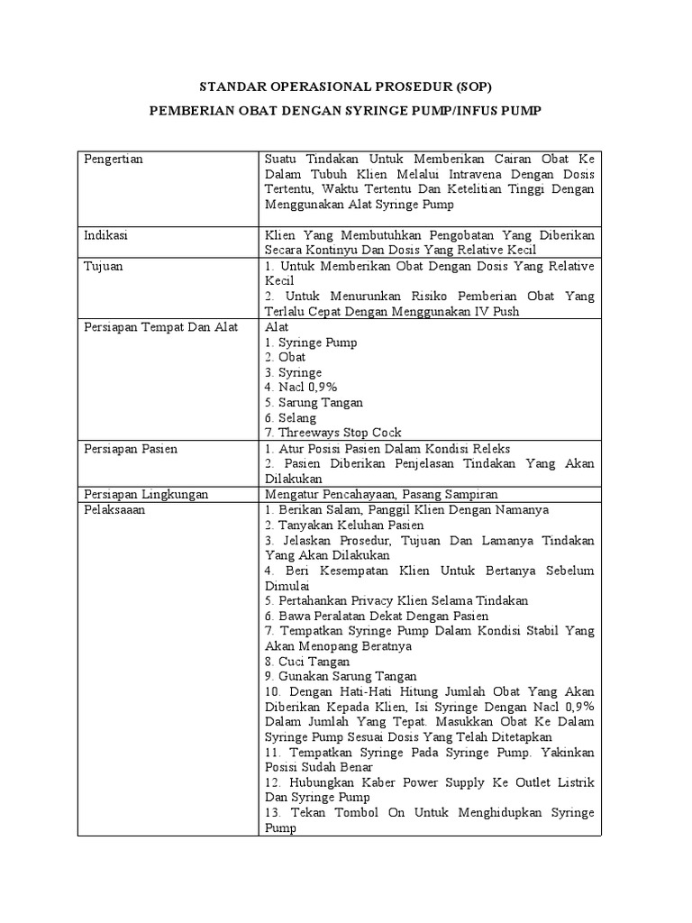 Sop Pemberian Obat Dengan Syringe Pump Dan Infus Pump | PDF