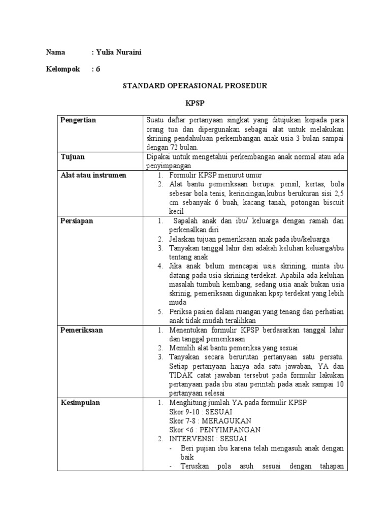 SOP KPSP Dan DDST - Yulia Nuraini | PDF