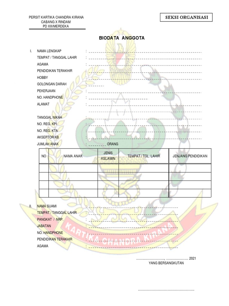 Form Biodata Persit Cab.x Rindam Xiii | PDF