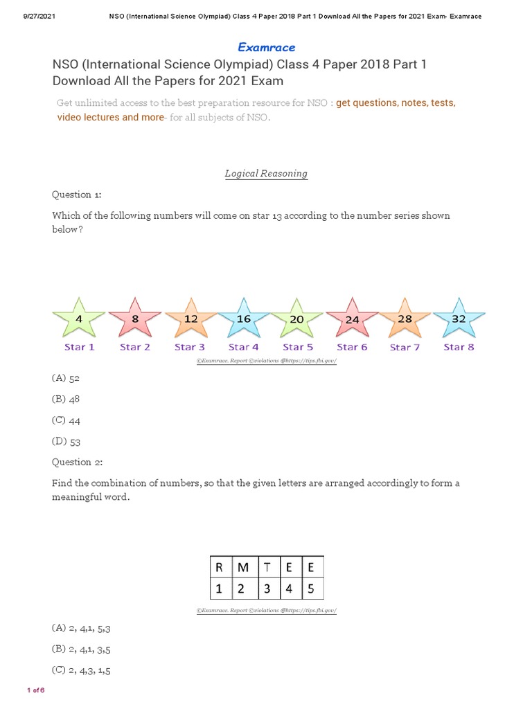NSO Class 4 Paper 2018 Part 1 | PDF | Science