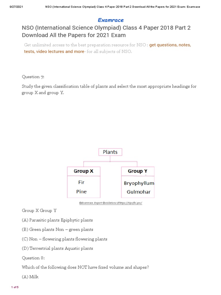 NSO Class 4 Paper 2018 Part 2 | PDF | Plants | Biology