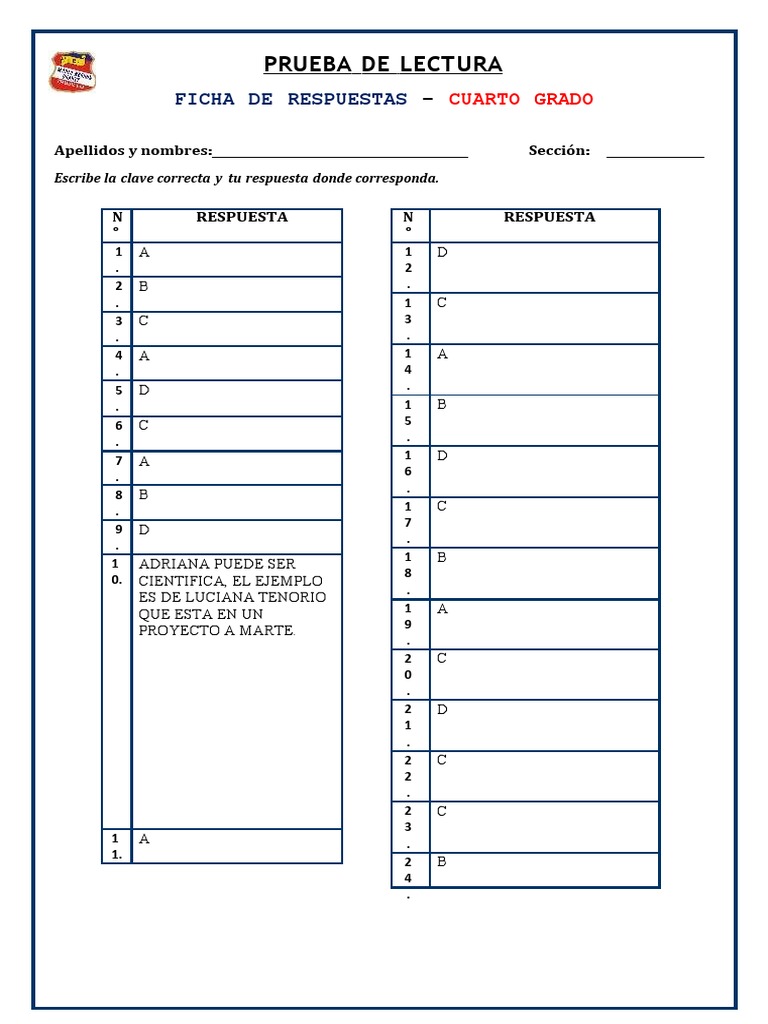Ficha de Respuestas - Lectura | PDF